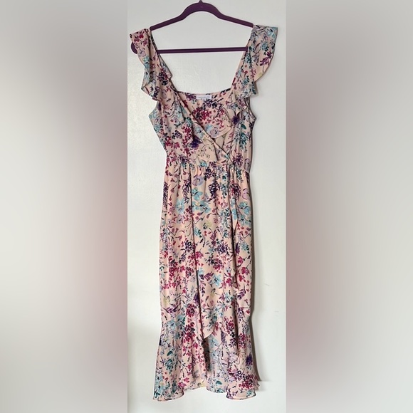 Socialite | Dresses | Socialite Pink Floral Faux Wrap Midi Dress Large ...